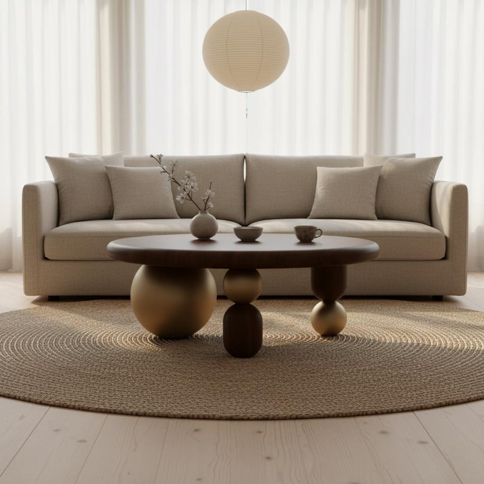Modern Sculptural Coffee Table - Round Walnut Top and Matte Gold Ball ...