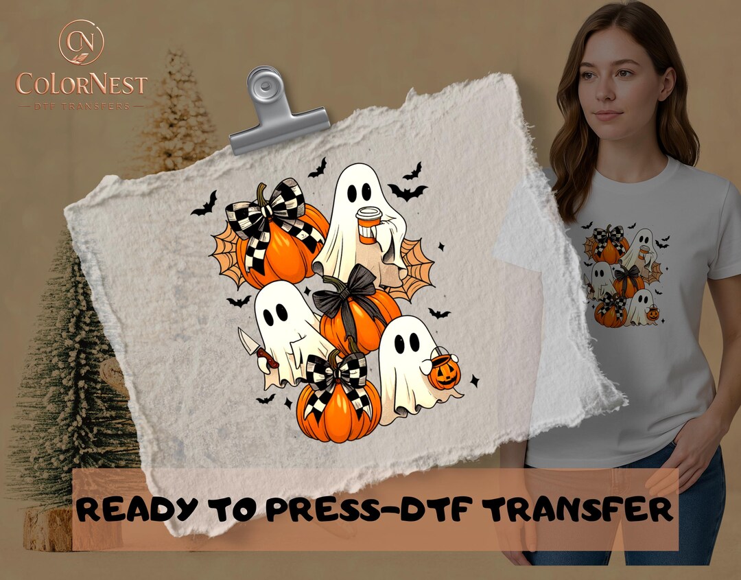 Coquette Bow Ghost DTF Transfer, Cute Halloween Pumpkins With Spooky ...