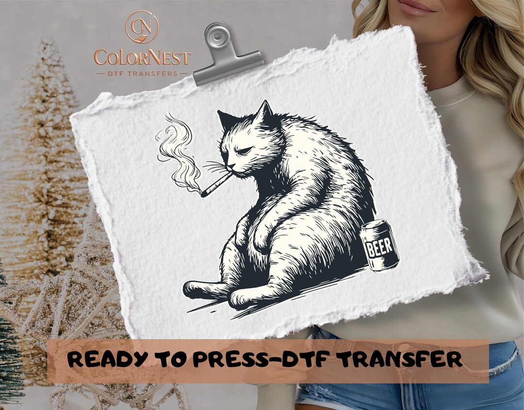 Grunge Cat DTF Transfer, Funny Cool Cat DTF Print, Smoking Cat With ...