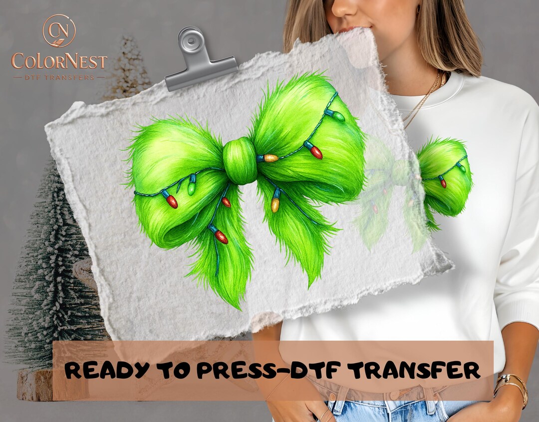 Grinch Coquette DTF Transfer, Furry Holiday Ribbon With Christmas ...