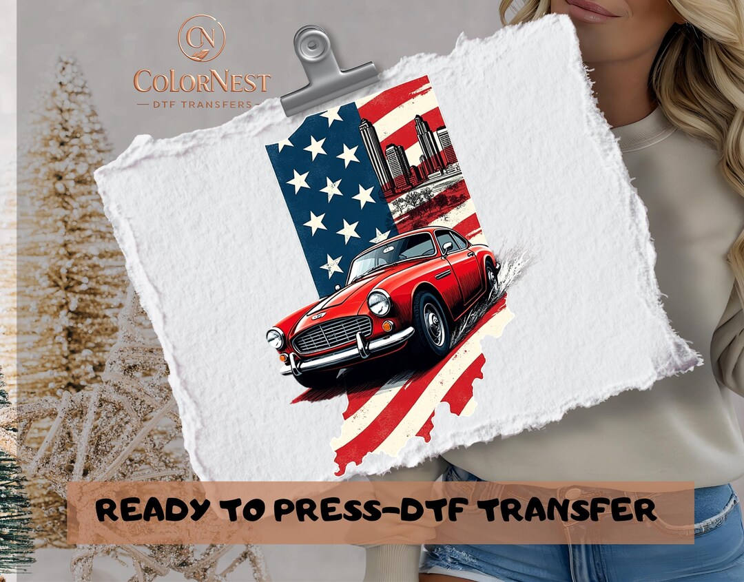 Vintage Car DTF Transfer, Retro Classic Car Design DTF Print, USA Flag ...