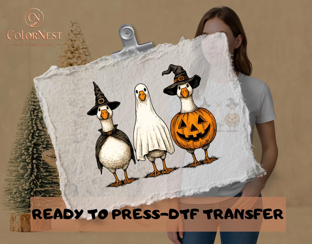 Halloween Goose Trio DTF, Witch Hat Iron, Ghost and Pumpkin Costume ...