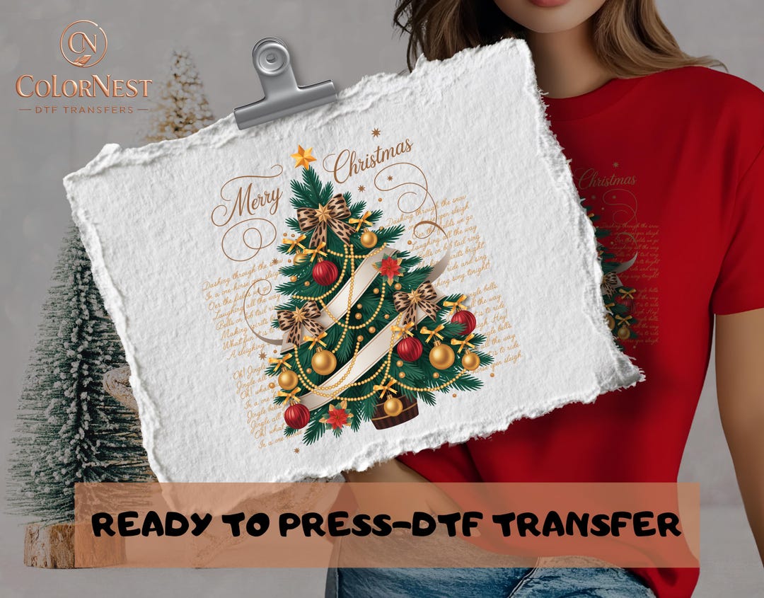 Elegant Christmas Tree DTF Transfer, Gold Ornaments & Leopard Bows ...