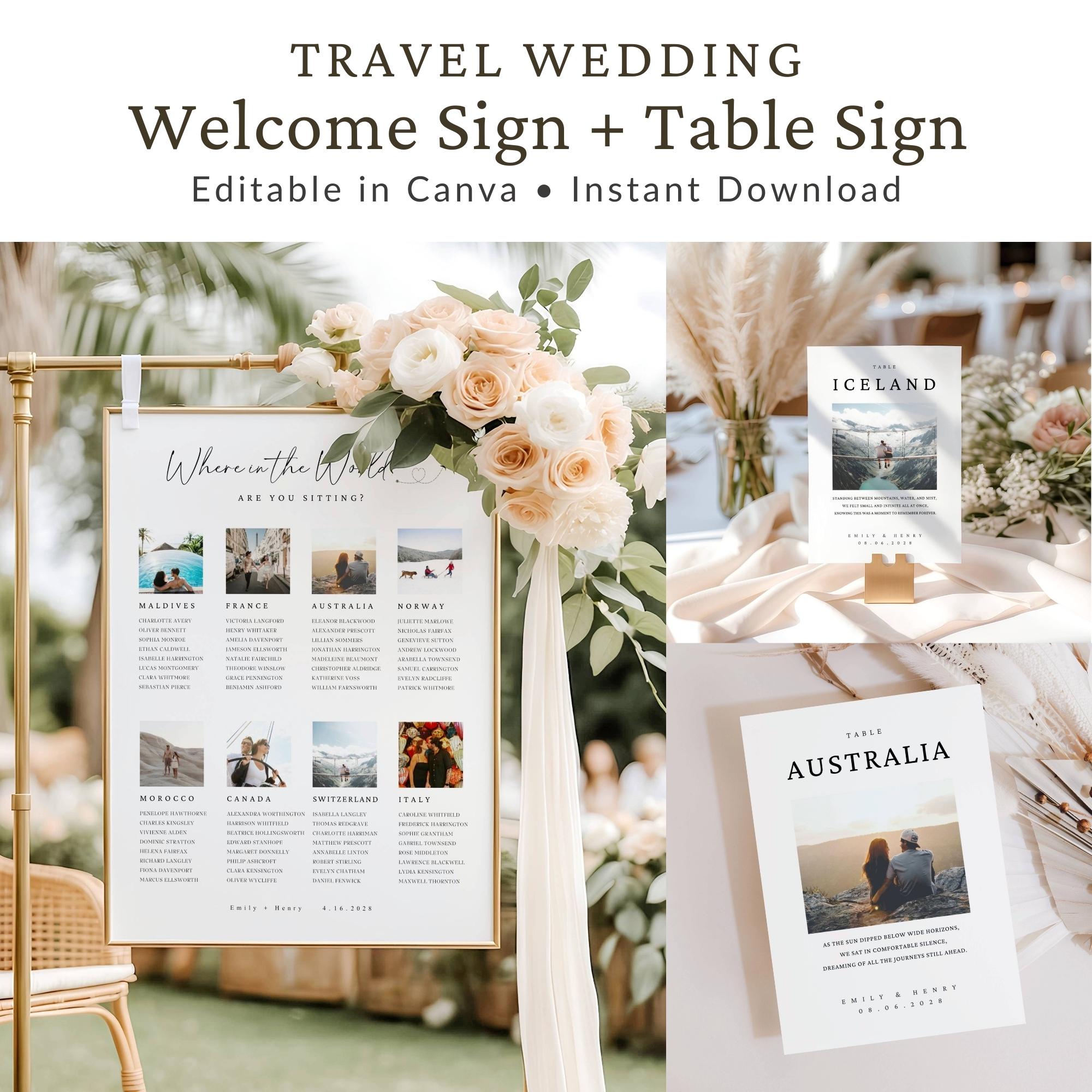 Travel Wedding Welcome Sign & Table Sign Set Editable in Canva ...