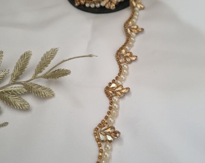 Gold Rhinestone Pearl Cutdana Lace Trim: Champagne Bridal Saree Edging ...