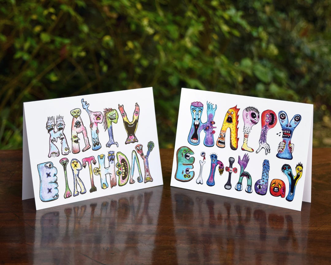 Funny Monster Birthday Card 2-pack: Quirky Spooky Gothic Style Monsters ...
