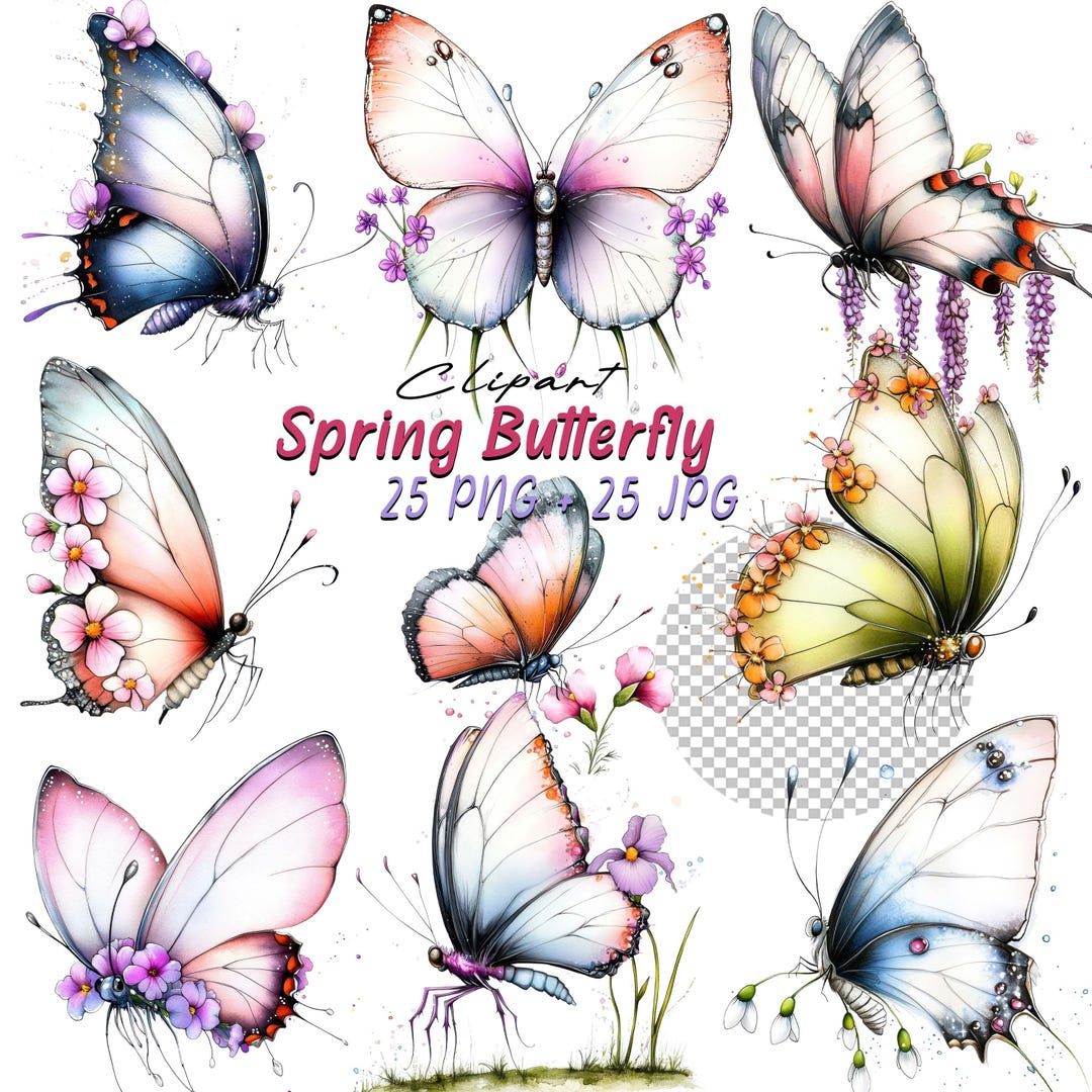 Butterfly Clipart Bundle 25 PNG Whimsical Watercolor Wings Transparent ...