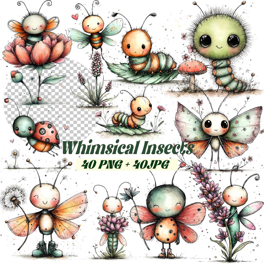 Whimsical Butterfly Clipart Set 40 PNG JPG Insects Flowers Blue Purple ...