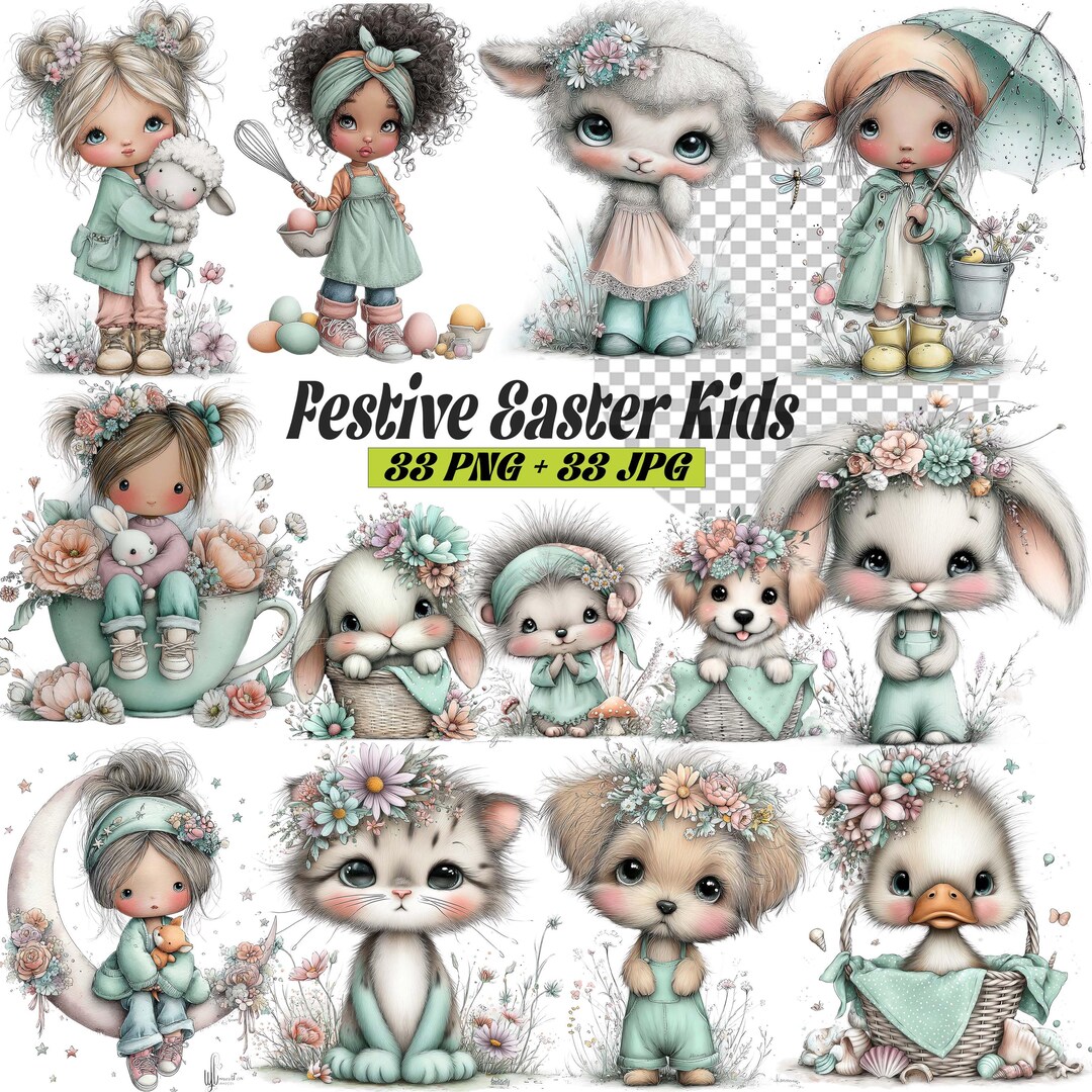 Spring Baby Animal Clipart PNG JPG, Bunny Chick Graphics, Easter Card ...