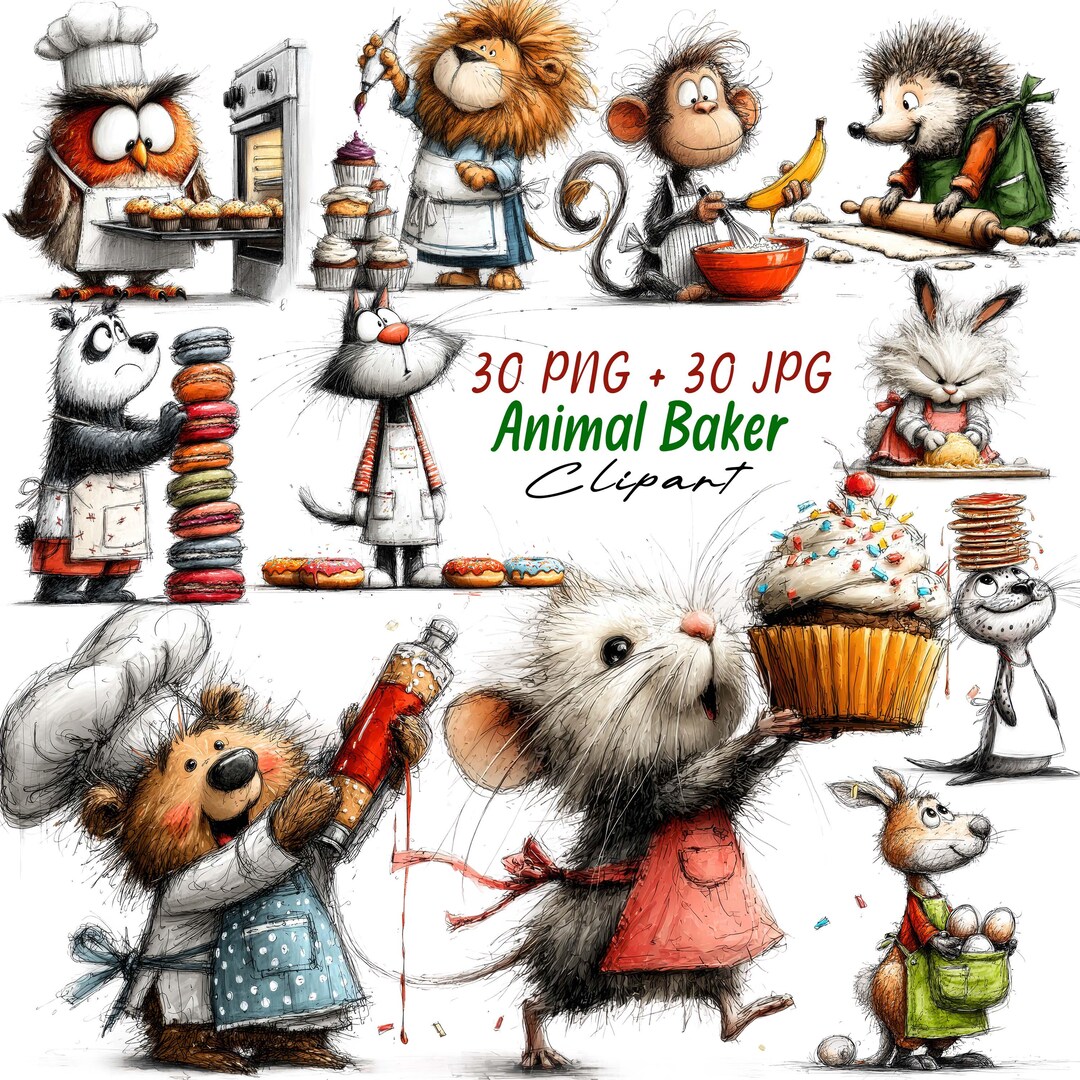 Whimsical Watercolor Animal Baker Clipart Birthday Party Invitations ...