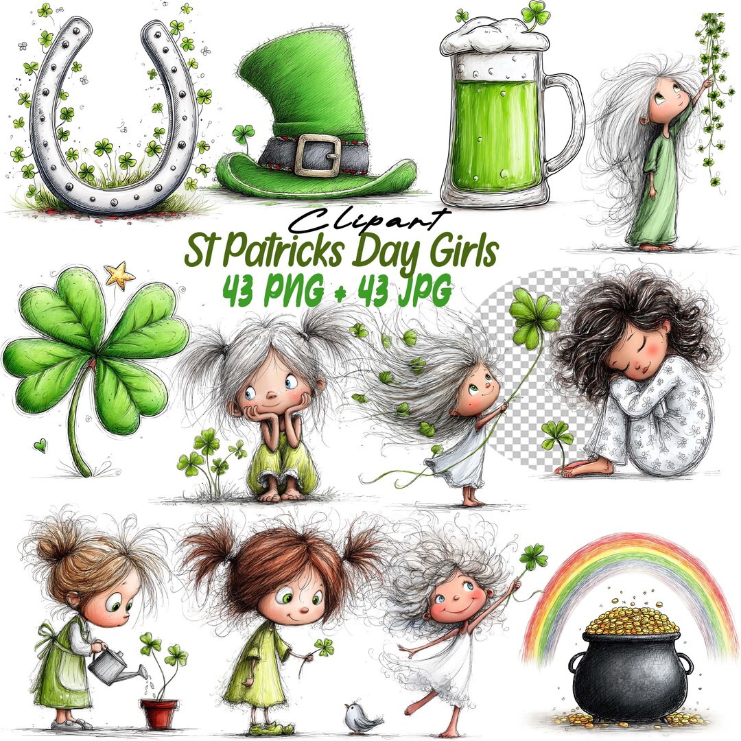 Whimsical St. Patrick's Day Girls Clipart 43 PNG Shamrock Clover ...