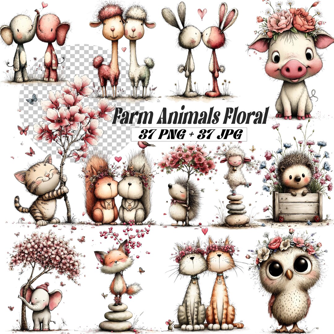 Whimsical Spring Farm Animals Clipart, Nursery Art (PNG JPG Digital ...