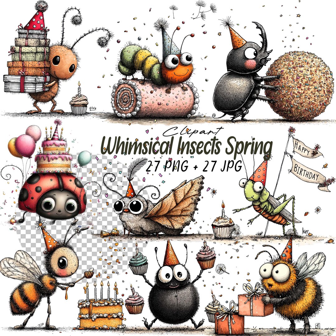 Whimsical Insects Clipart 27 PNG Watercolor Bugs Butterflies Spring ...