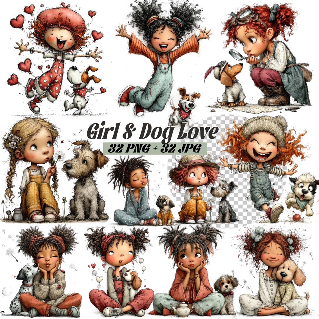 32 Whimsical Girl Dog Love Clipart PNG Nursery Wall Art Kids Room Decor ...