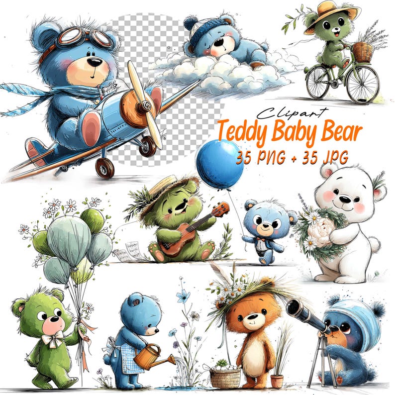 Teddy Bear Clipart Bundle 35 PNG, Watercolor Baby Bears, Nursery Decor ...