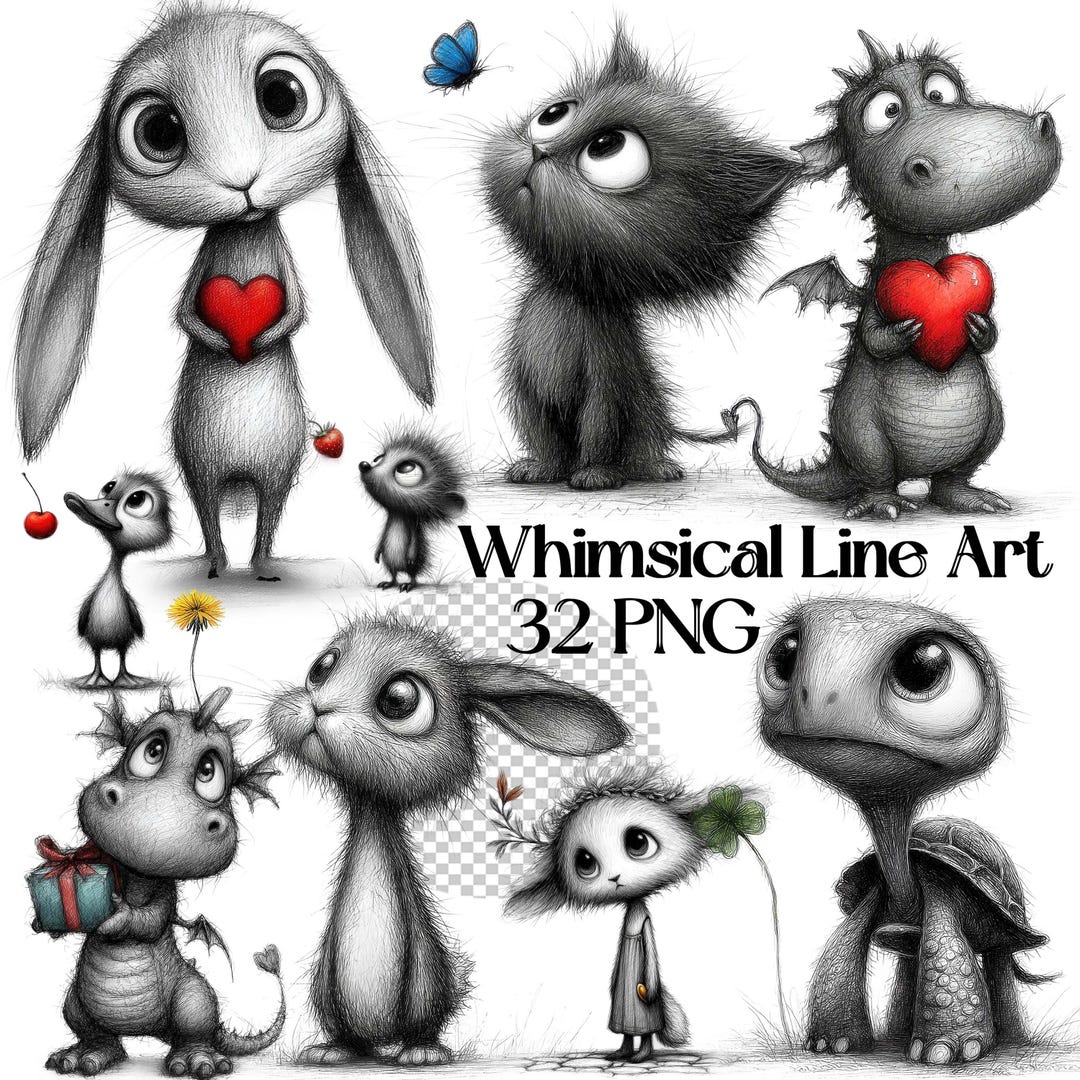32 Animal Valentine Line Art Clipart, Dog Cat Bear Bunny Fox Minimal ...
