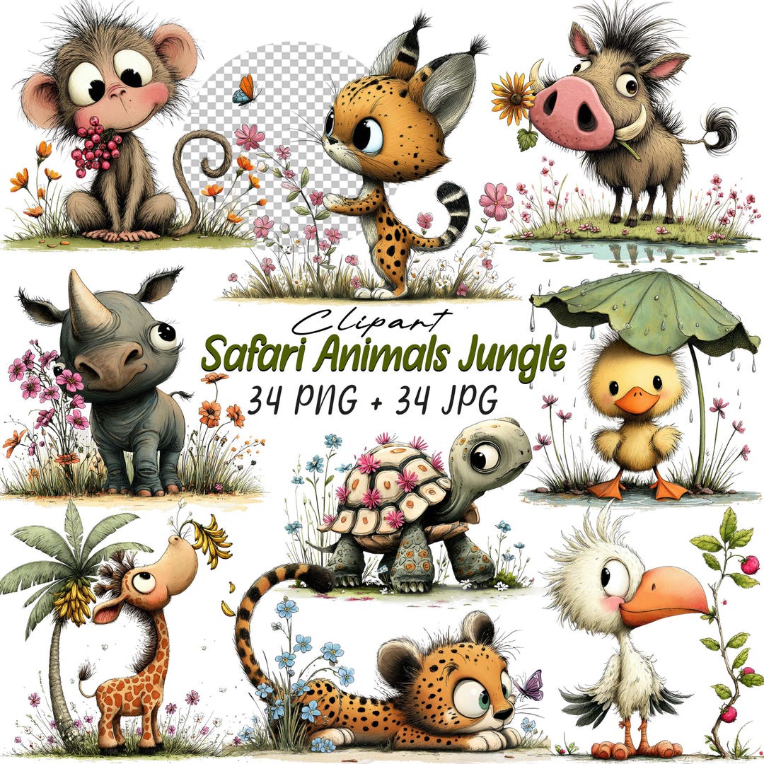 Safari Clipart Bundle PNG 34 Files, Watercolor Jungle Zoo Animals for ...