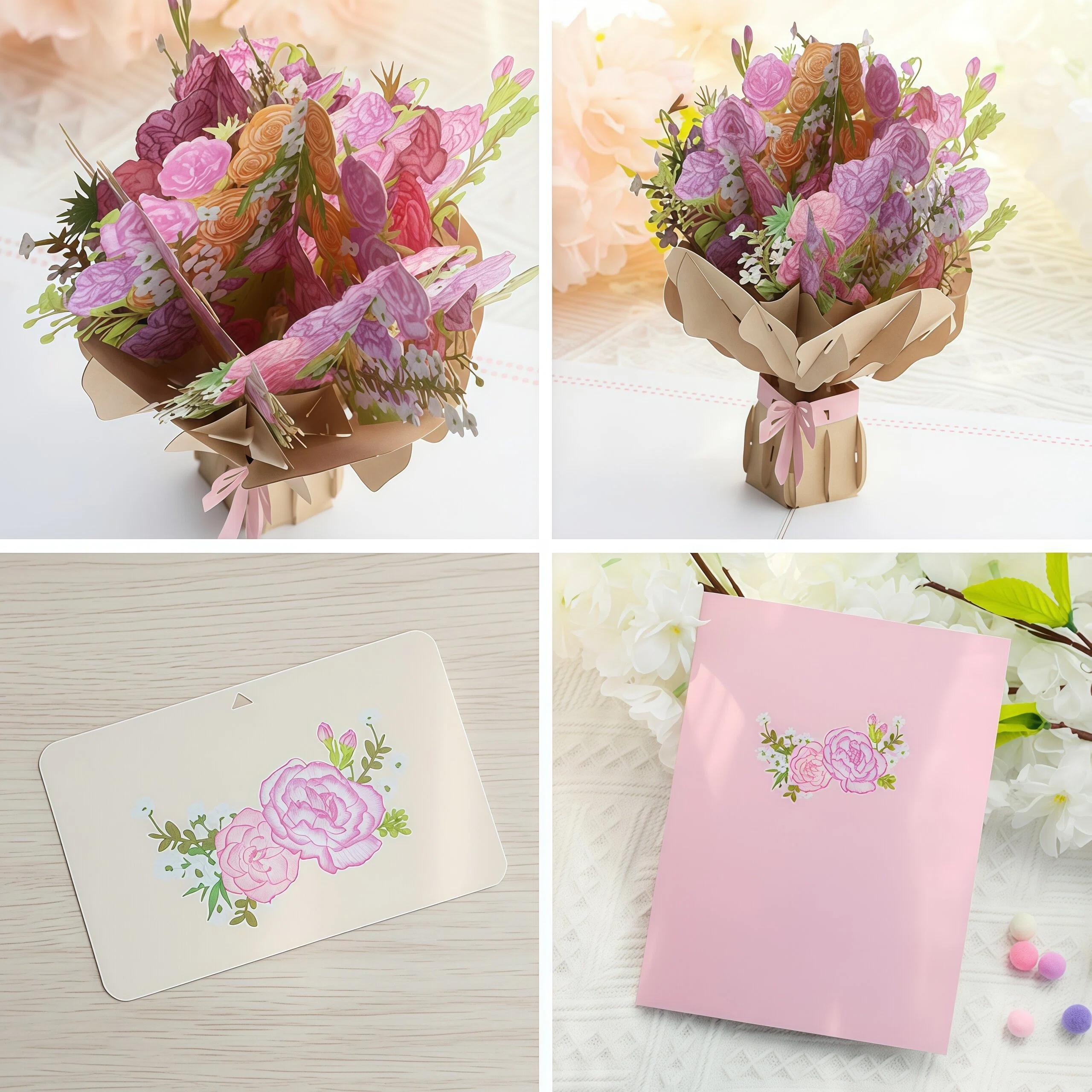3D Flower Bouquet Pop-up Greeting Card – Pink Floral Gift Card With ...