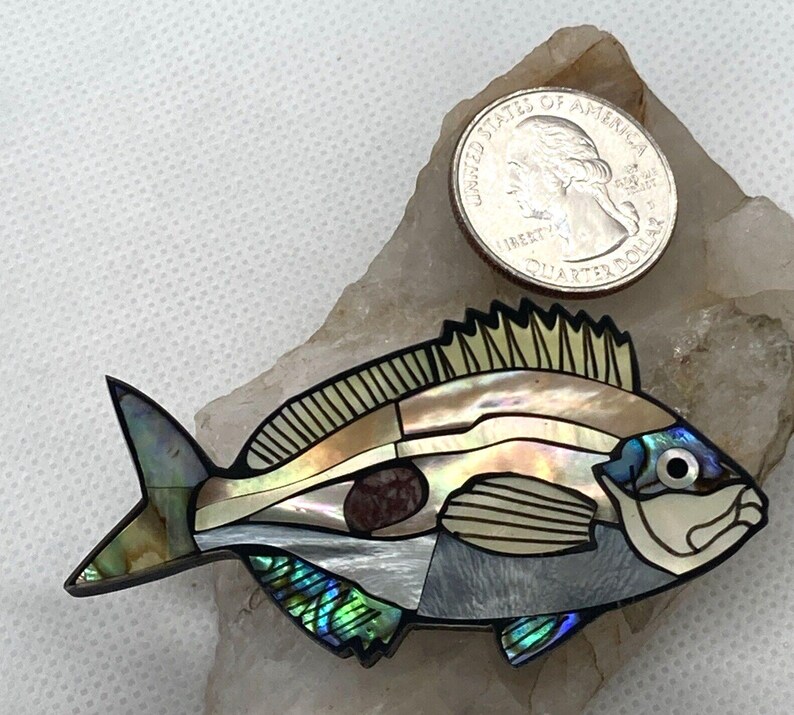 Vintage Bass Sunfish Fish Mother of Pearl Inlay Pin Brooch Animal ...