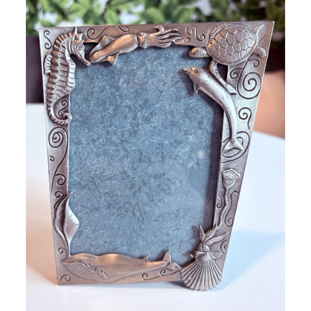 Vintage Pewter Ocean Theme Picture Frame Signed SK Sea Turtle Dolphin ...
