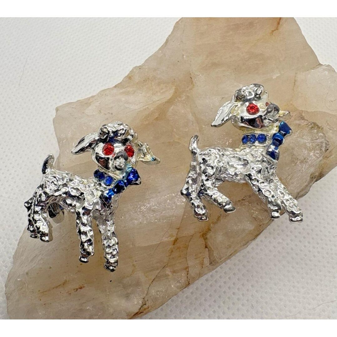 Vintage Lamb Sheep Brooch Lot of 2 Red Rhinestone Eyes Silver Tone ...