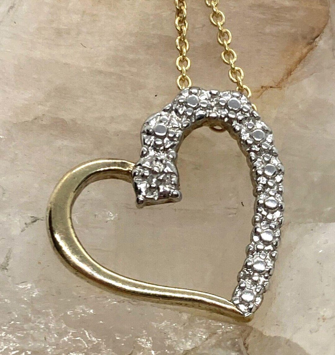 Vintage RSE Open Heart Diamond Chip Pendant 18'' Necklace Sterling 925 ...