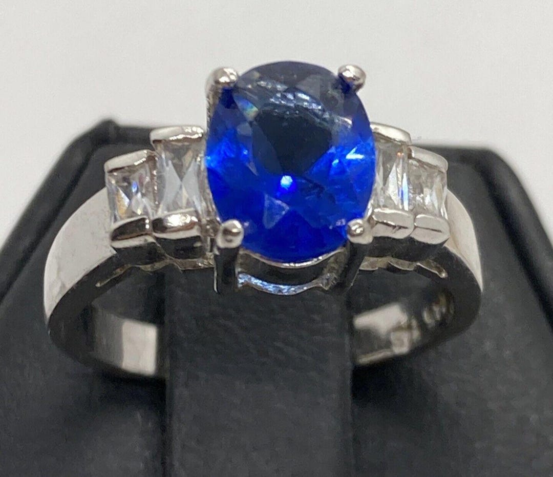 Vintage 925 FAS Oval Blue Glass & CZ Ring Size 6.75 Sterling Silver 925 ...