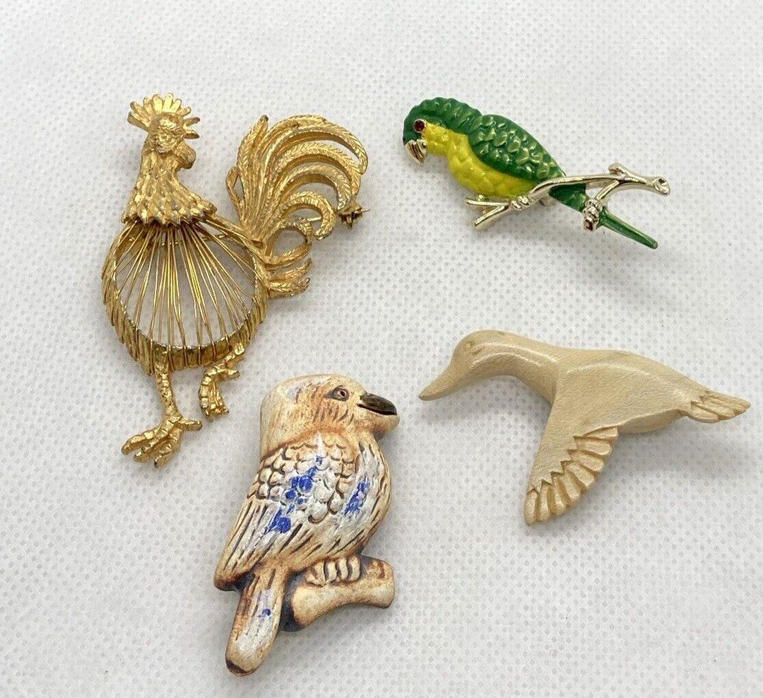 Vintage Lot 4 Bird Gold Tone Pin Brooch Rooster Parrot Duck Kookaburra ...
