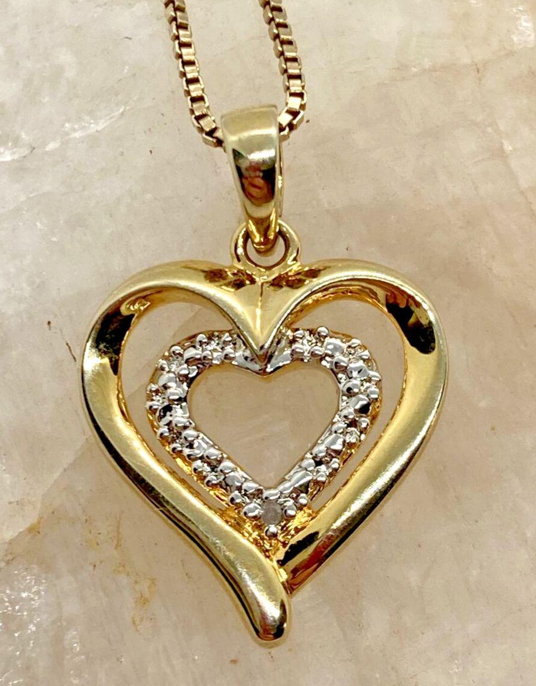 Vintage HAN Open Heart Diamond Chip Sterling 925 Silver Pendant 18 ...