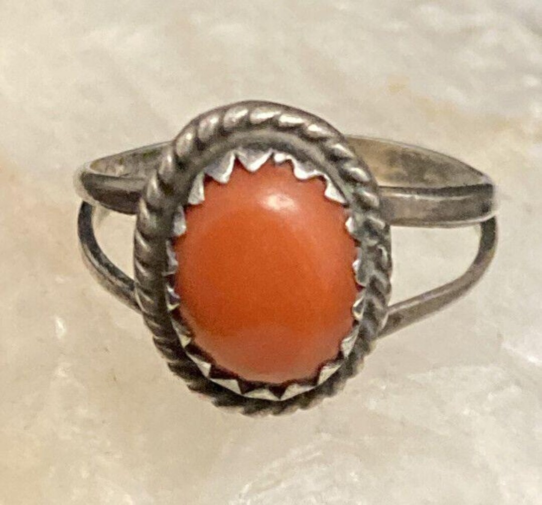 Vintage Red Coral Split Shank Ring Size 4.25 Sterling Silver 925 Ring 1 ...