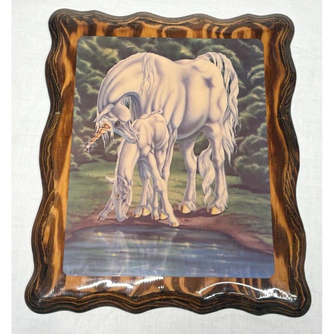 Vintage 1982 Sue Dawe Unicorn & Foal Wood Plaque 10x12 Fantasy Wall Art ...