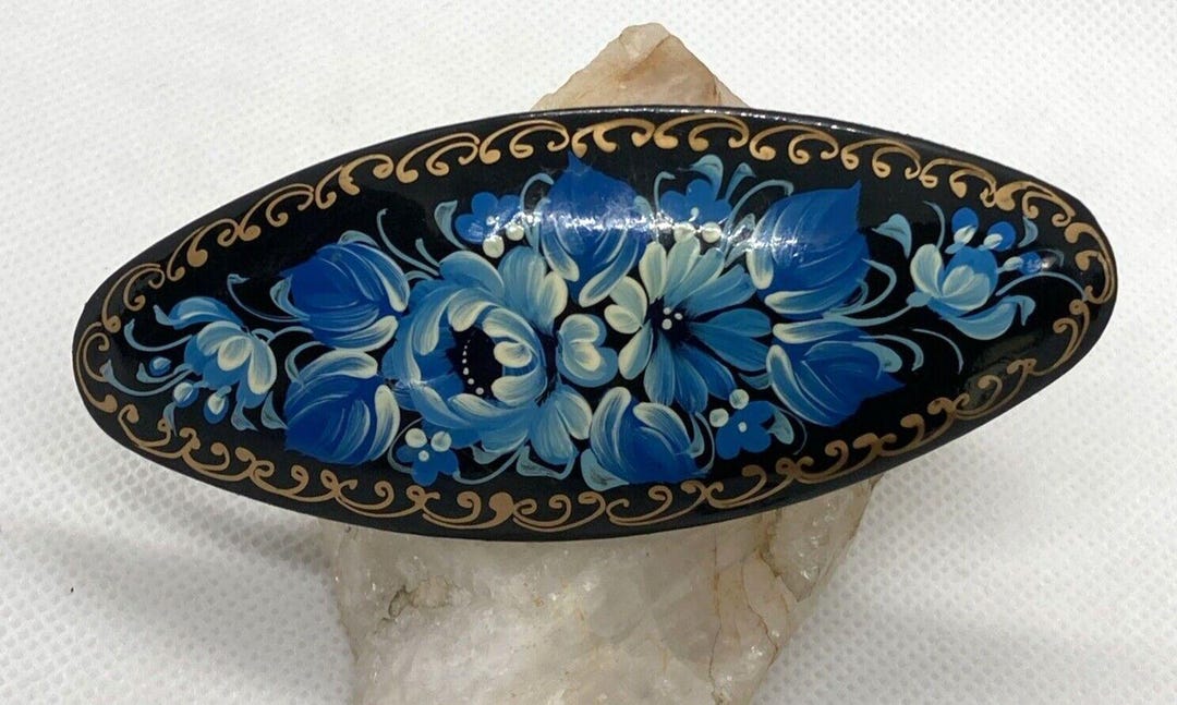 Vintage Russian Wooden Hand Painted Hair Barrette Black Blue Flowers 4 ...