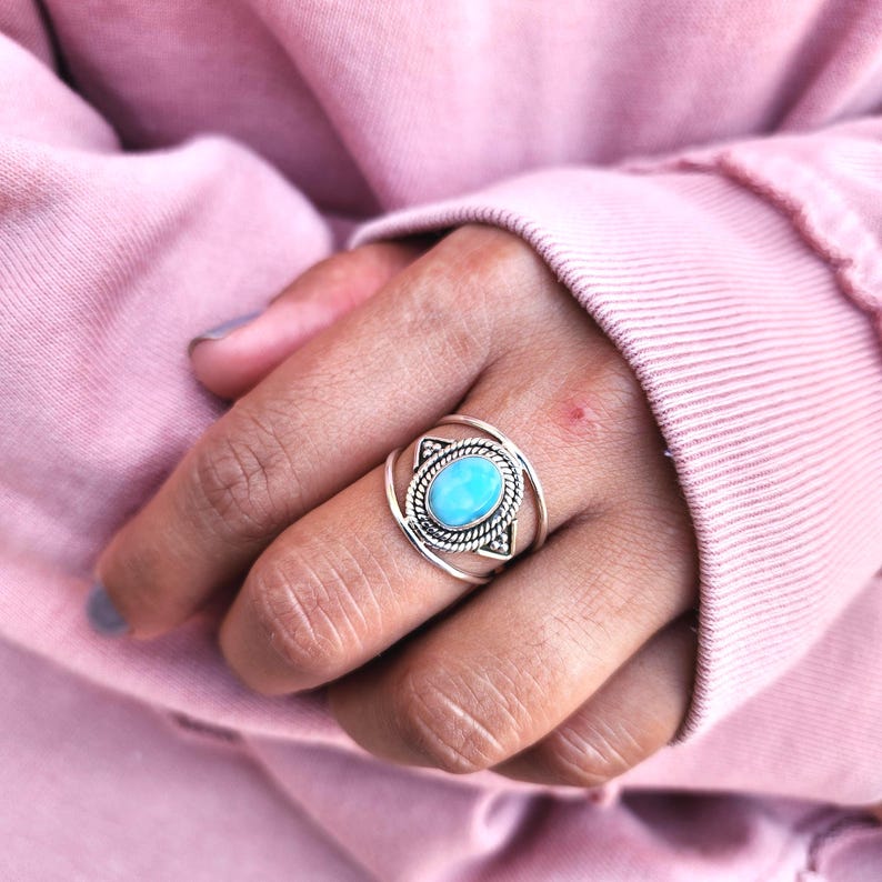 Larimar Ring – 925 Sterling Silver Boho Oval Gemstone Ring – Ships From ...