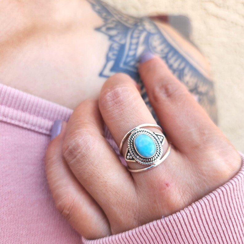 Larimar Ring – 925 Sterling Silver Boho Oval Gemstone Ring – Ships From ...