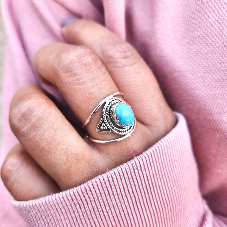 Larimar Ring – 925 Sterling Silver Boho Oval Gemstone Ring – Ships From ...