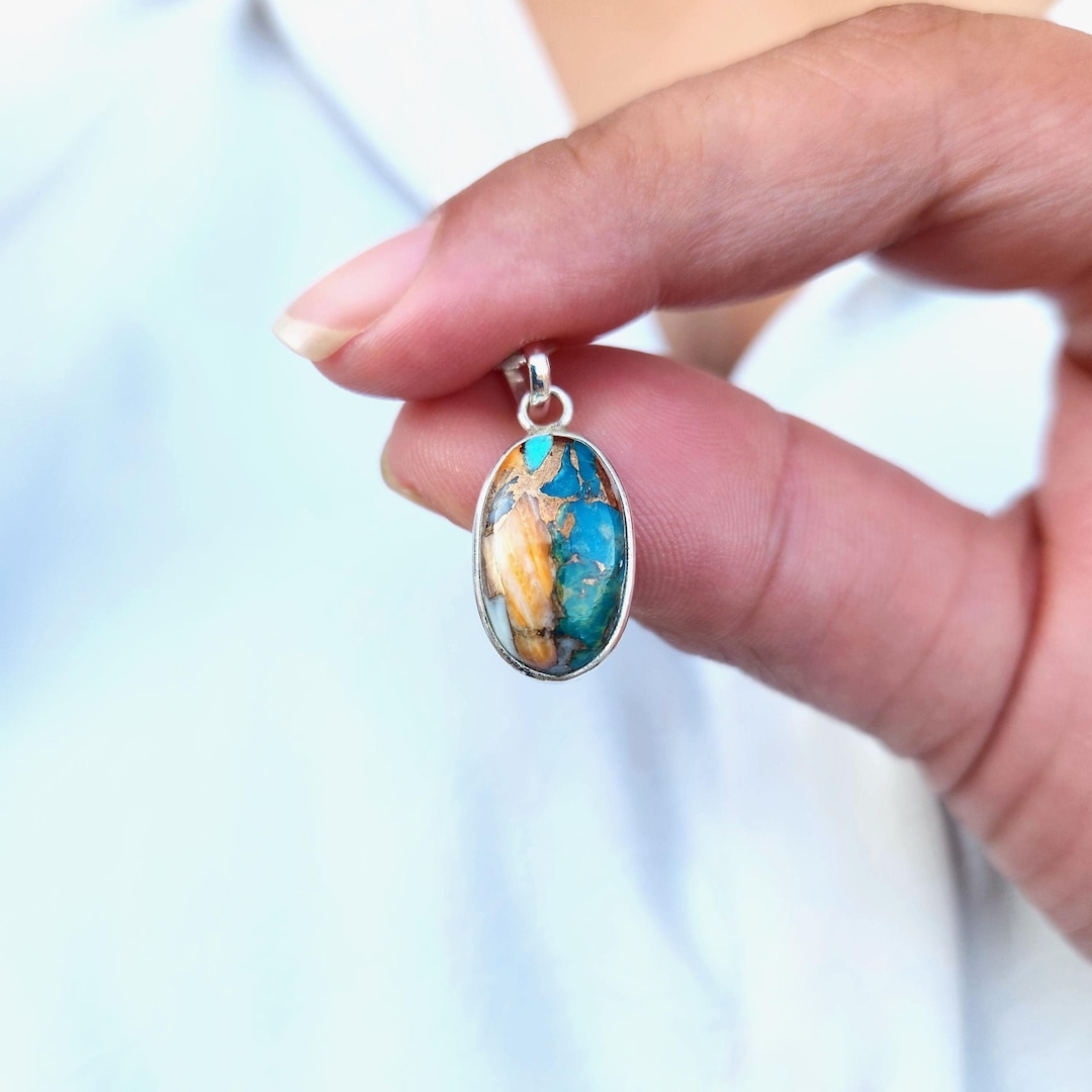 Spiny Oyster Copper Turquoise Pendant 925 Sterling Silver Handmade Boho ...