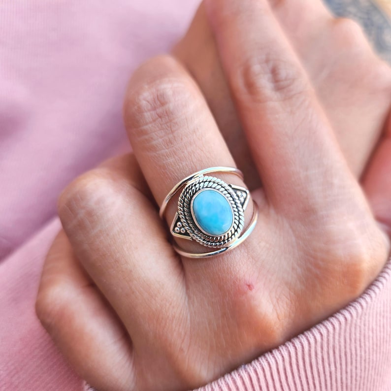 Larimar Ring – 925 Sterling Silver Boho Oval Gemstone Ring – Ships From ...
