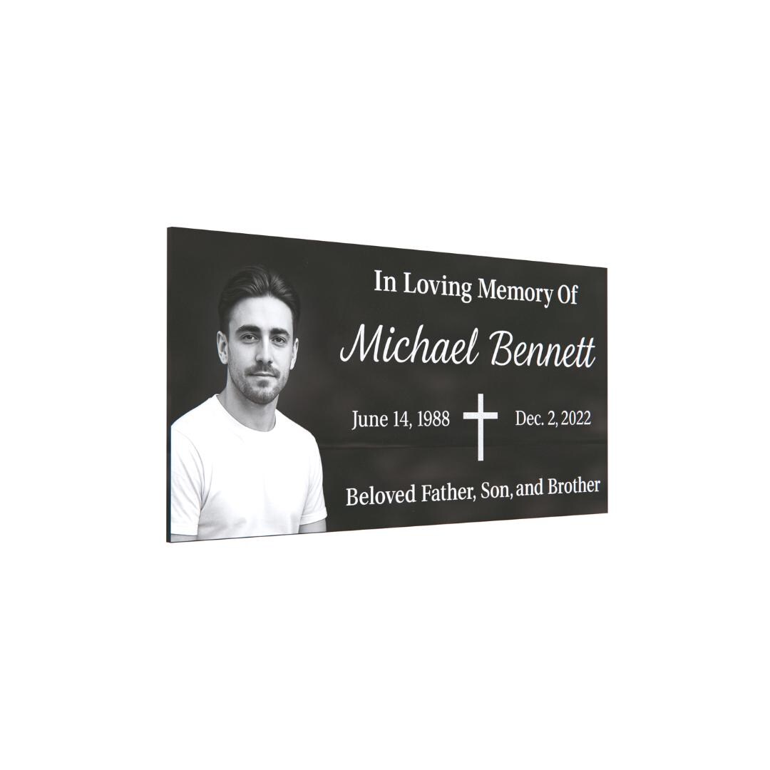 Custom Black Granite Grave Marker: Portrait, Cross & Text Engraving (24 ...