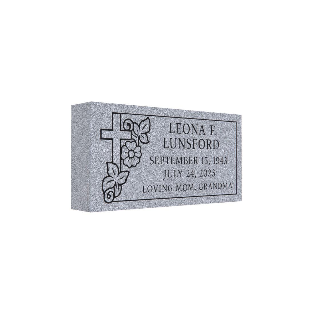 Custom Gray Granite Grave Marker With Cross & Floral Engraving ...