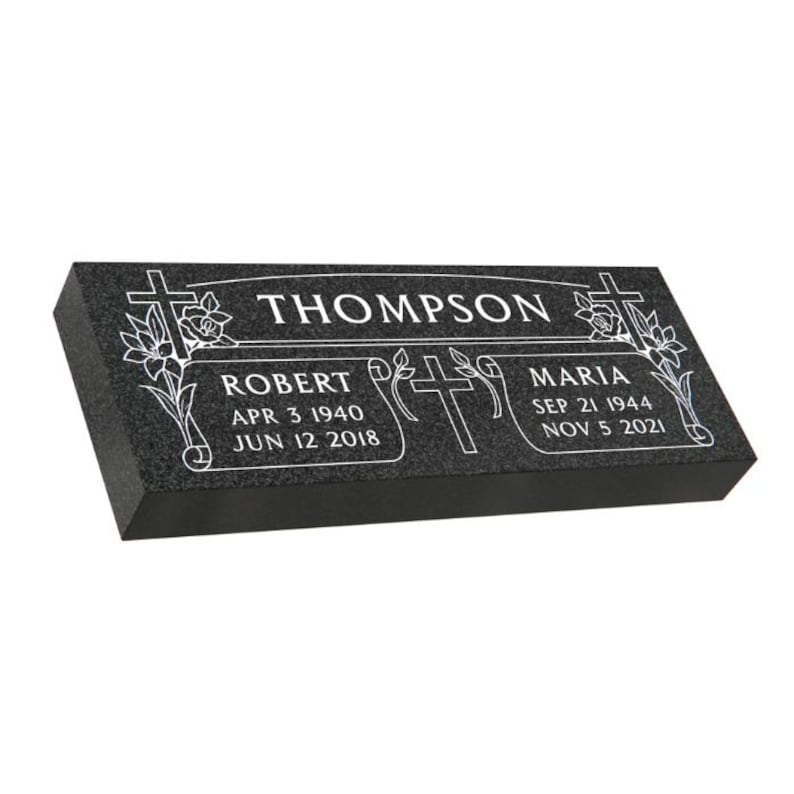 Black Granite Companion Headstone – Double Grave Marker, Floral Cross ...