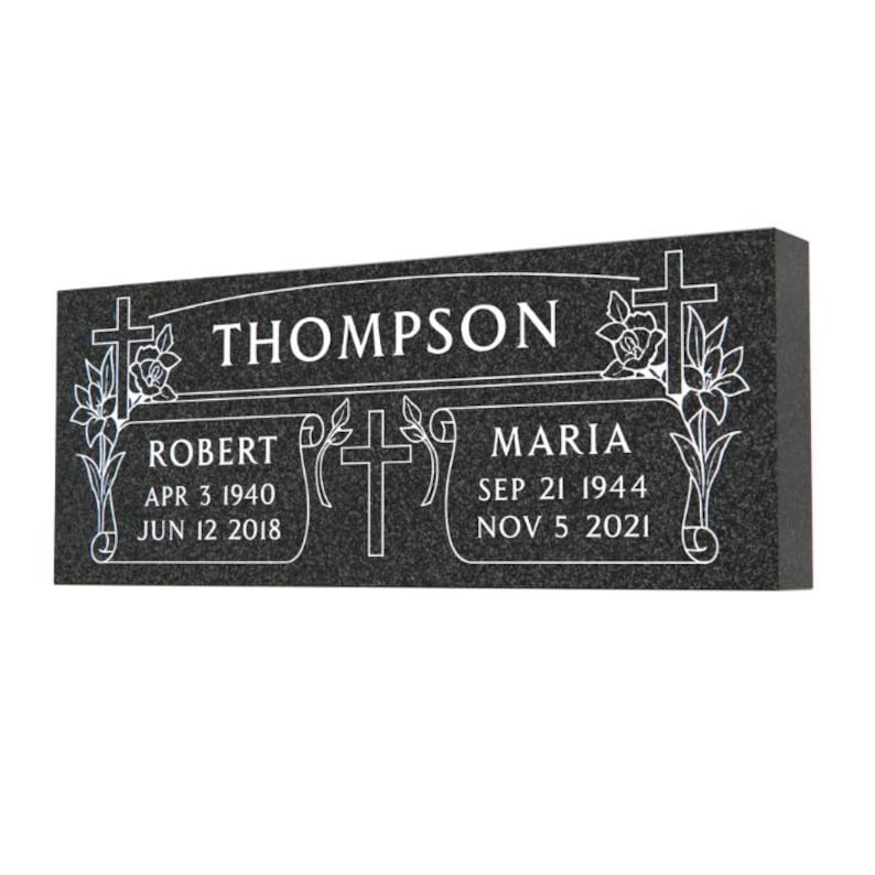 Black Granite Companion Headstone – Double Grave Marker, Floral Cross ...