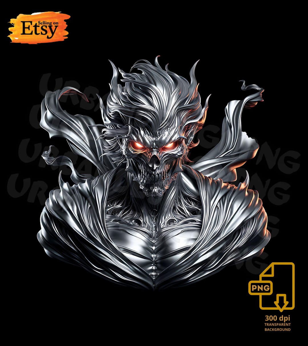 Metallic Demon Skull Illustration – 300 DPI Digital Download, Dark ...