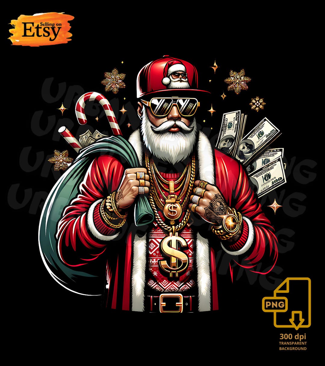 Gangster Santa Christmas Streetwear PNG – Money & Gold Chains Art ...