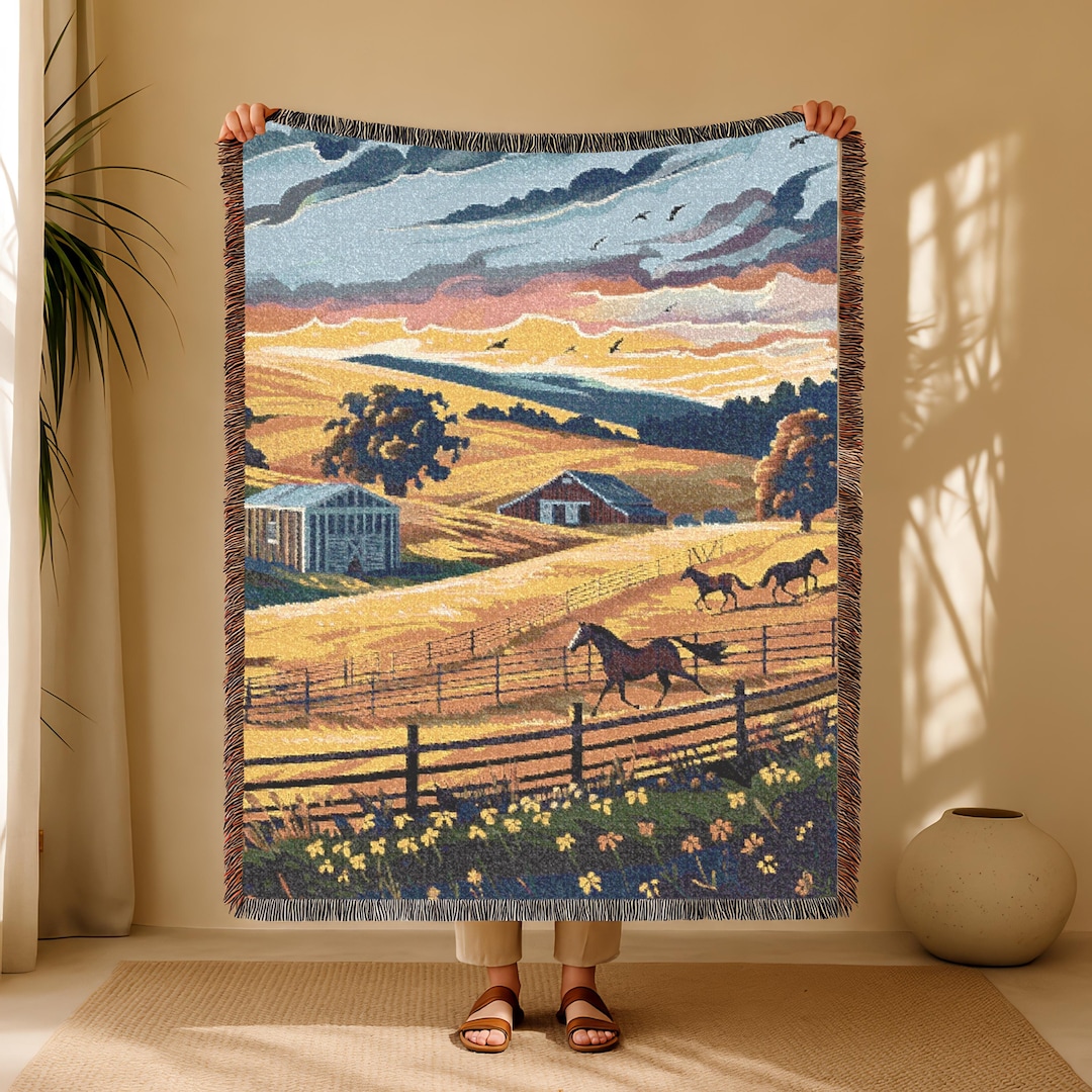 Woven Blanket | Golden Prairie Sunset | 100% Cotton Western Landscape ...