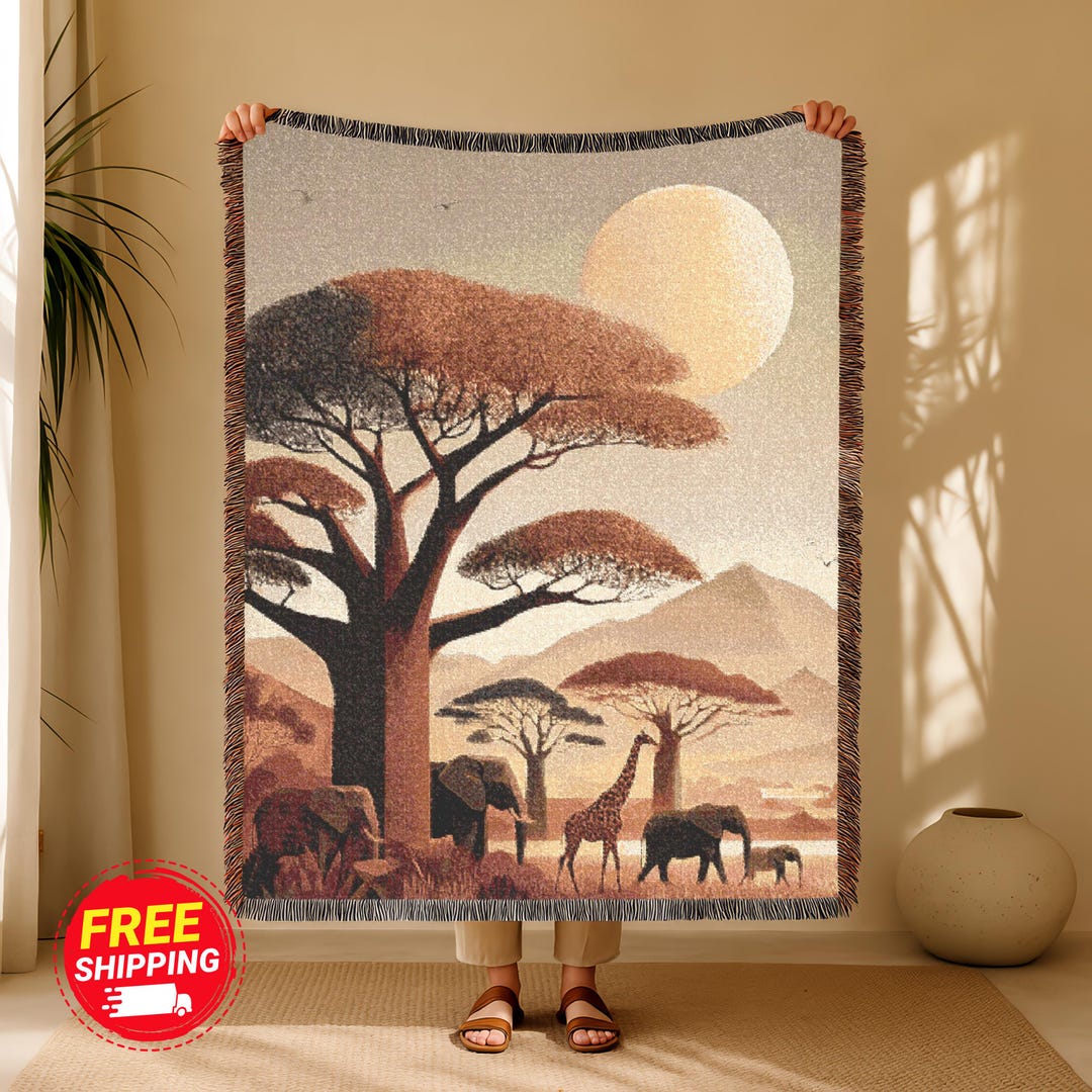 African Safari Woven Throw Blanket Savanna Landscape Cotton Tapestry - Etsy