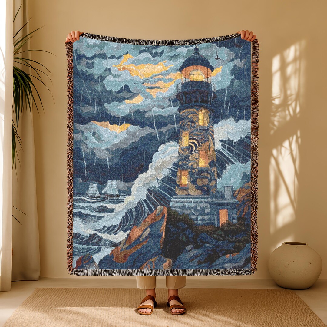 Woven Blanket | Stormy Lighthouse Scene | 100% Cotton Coastal Throw ...