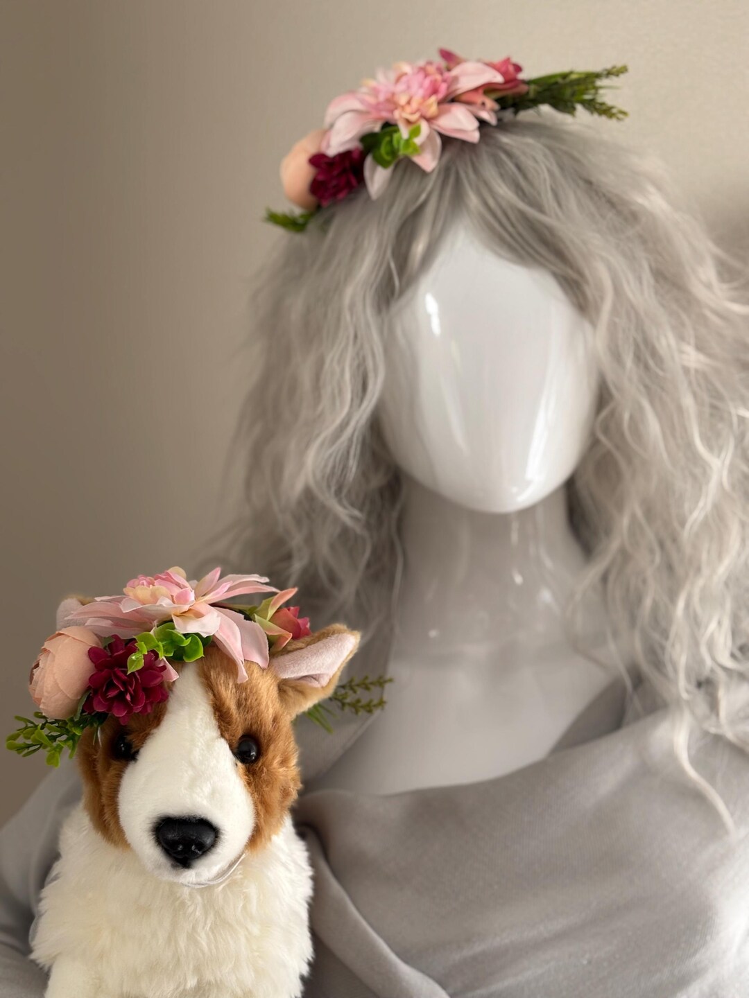 Floral Dog Crown and Owner Headband Set: Pink Silk Flower Pet Hat - Etsy