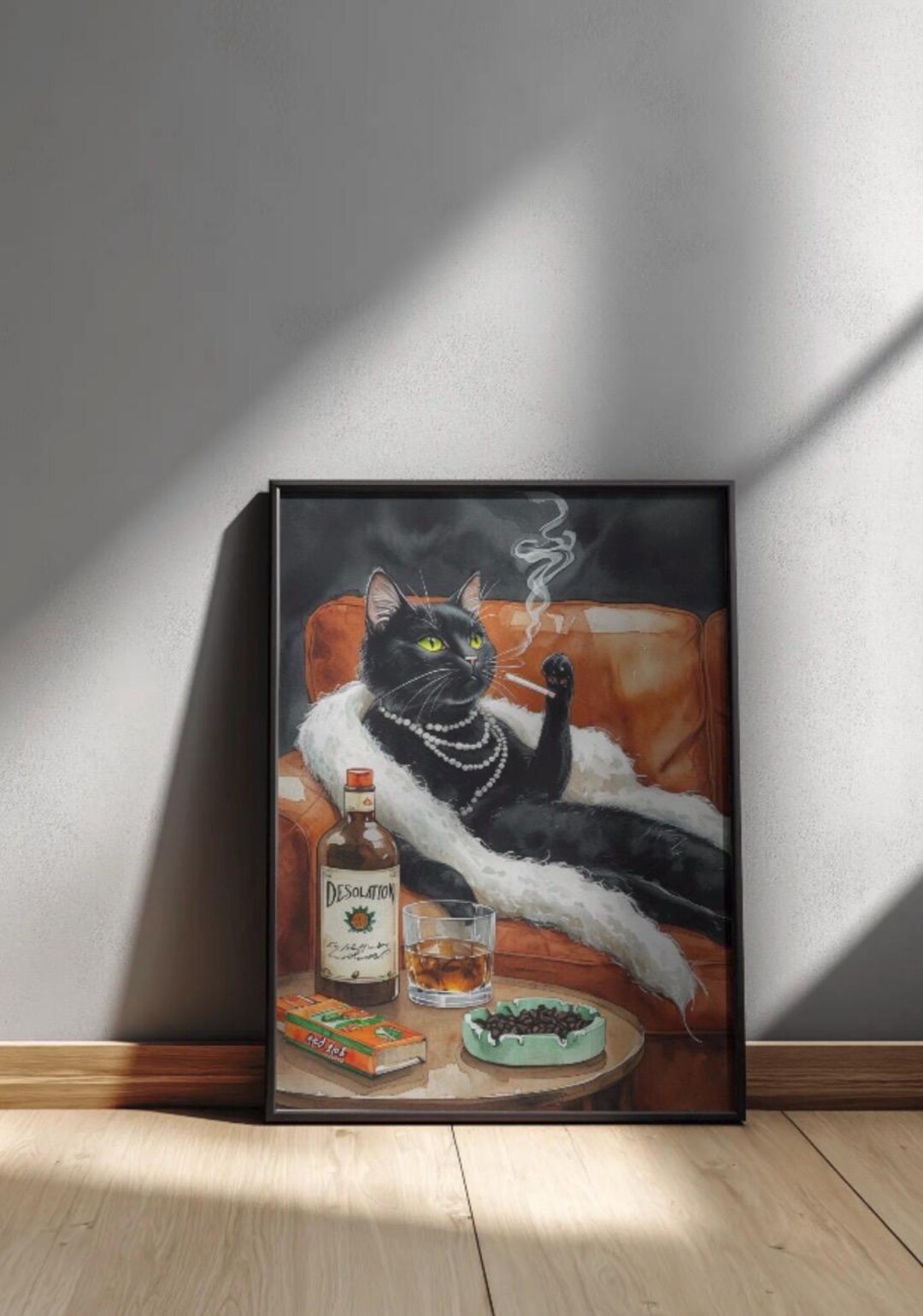 Cat Smoking A Cigarette Watercolor Poster- Sad Cat Wall Art, Weird Cat ...