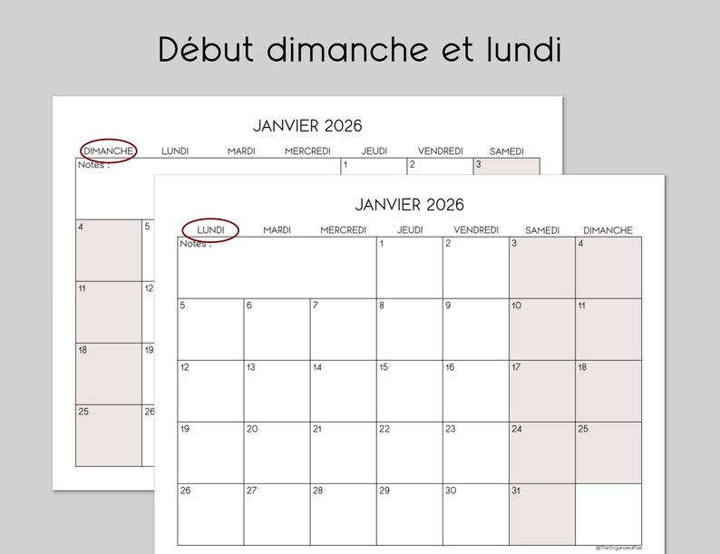 Calendrier 2026 à Imprimer | Orientation Paysage | Week-ends Colorés | Début Dimanche Et Lundi ...