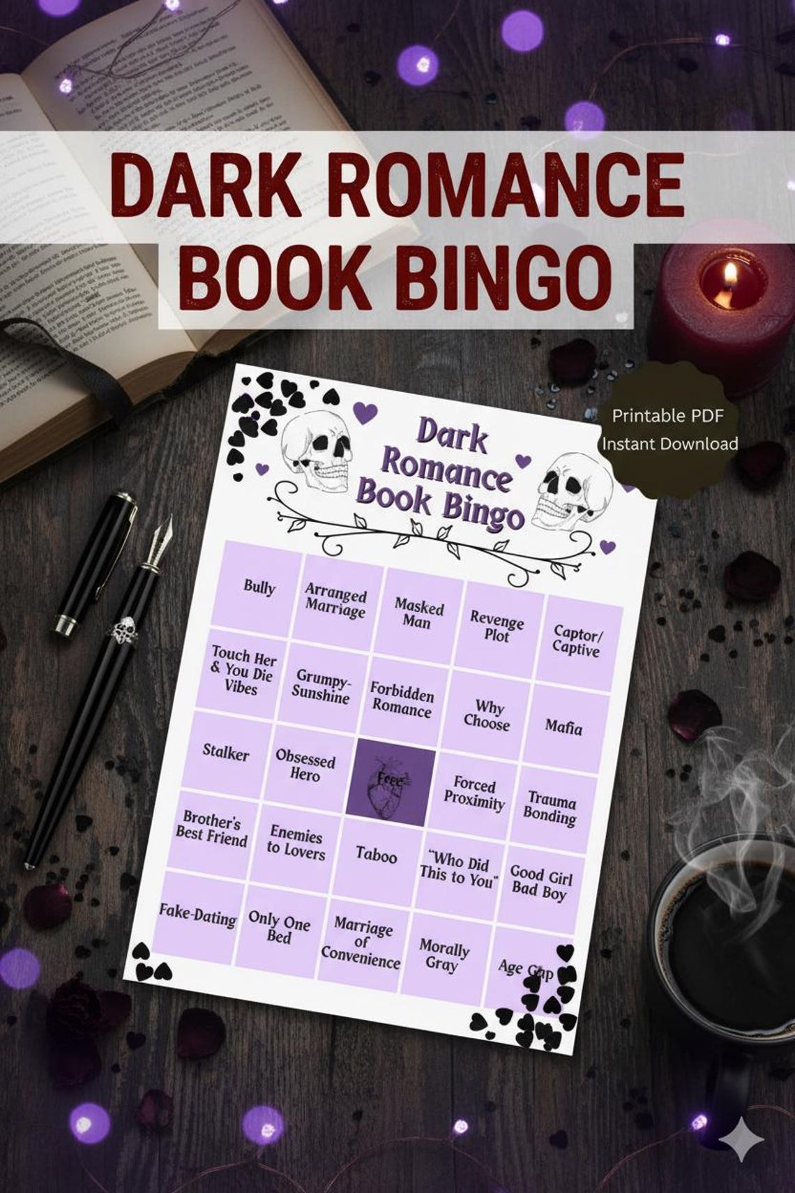 Ultimate Dark Romance Book Trope Bingo, Printable Reading Challenge ...